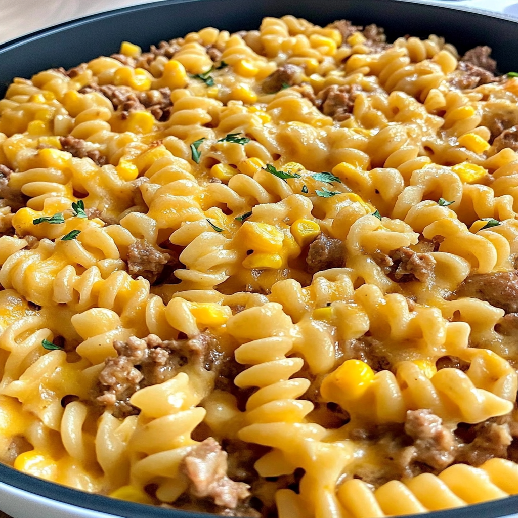 Loaded Cheddar Ranch Beef and Sweet Corn Rotini Bake