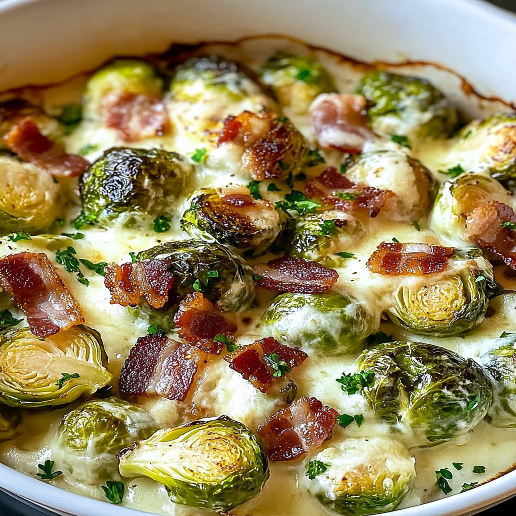 Creamy Bacon Brussels Sprouts with Mozzarella